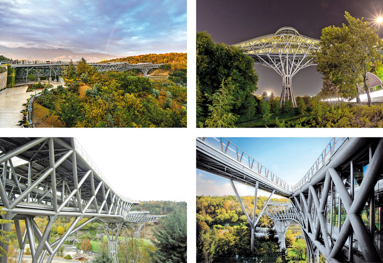 Puente peatonal reticulado y de tres niveles