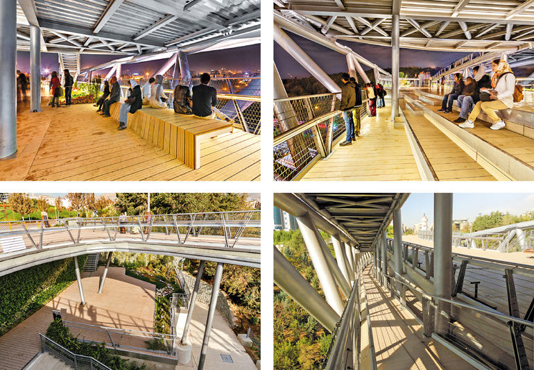 Puente peatonal reticulado y de tres niveles